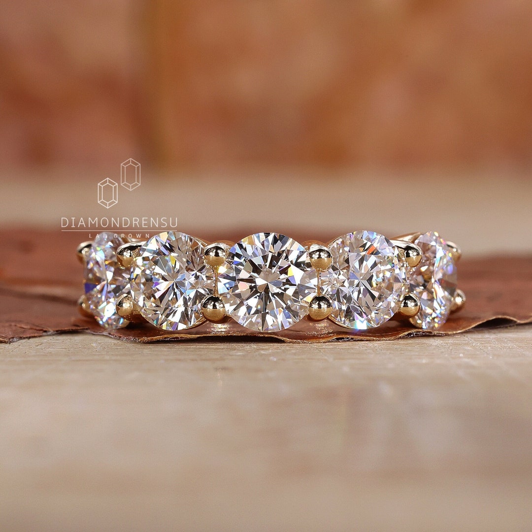 Five Stone Round Lab Grown Diamond Ring, 0.80 Ct Each Round Lab Created ...