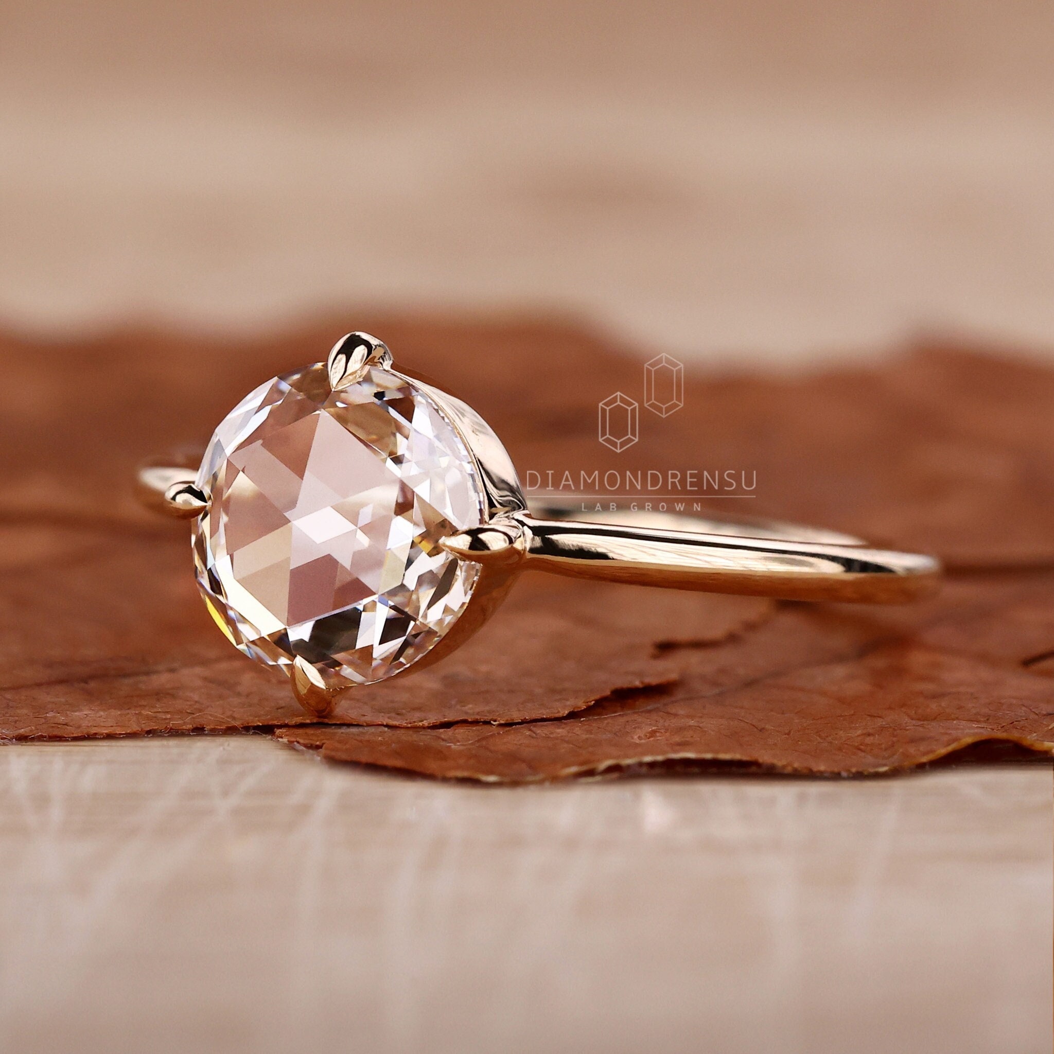 Rose Cut Diamond Engagement Ring for Women, 1.20 CT Round Rose Cut Lab ...