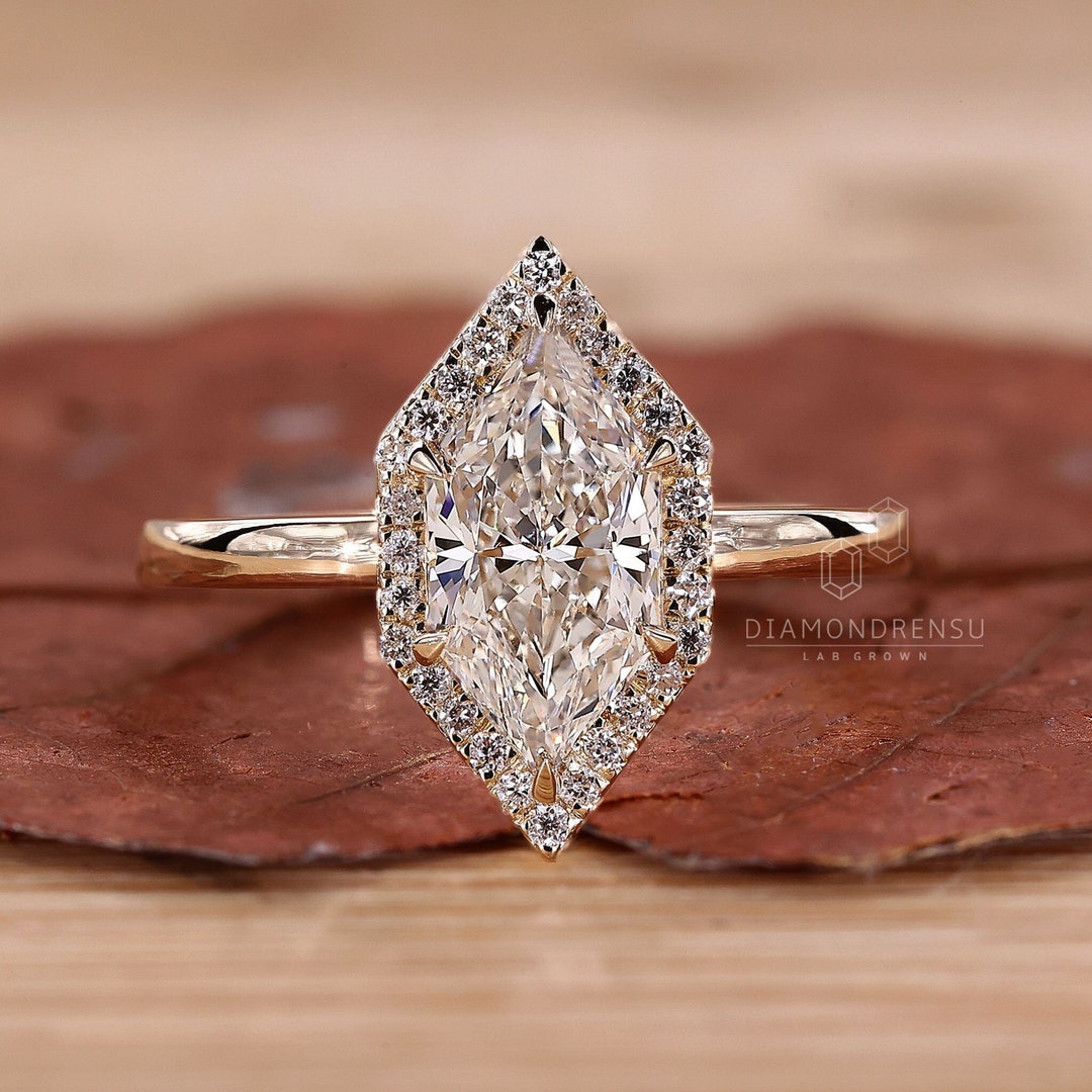 IGI Certified Dutch Marquise Diamond Halo Engagement Ring, 1 to 2 Ct ...