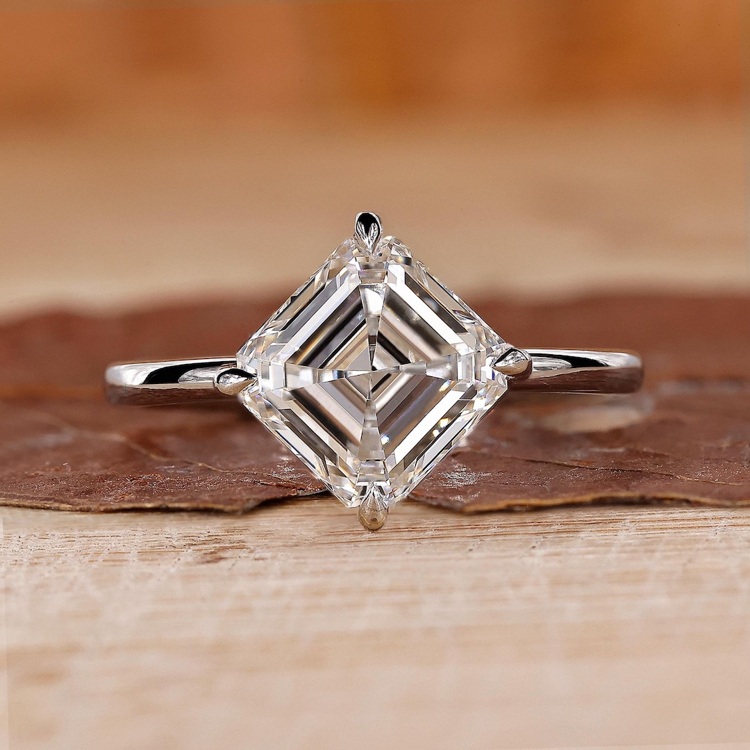 Asscher Cut Lab Grown Diamond Solitaire Engagement Ring, Compass Prong ...