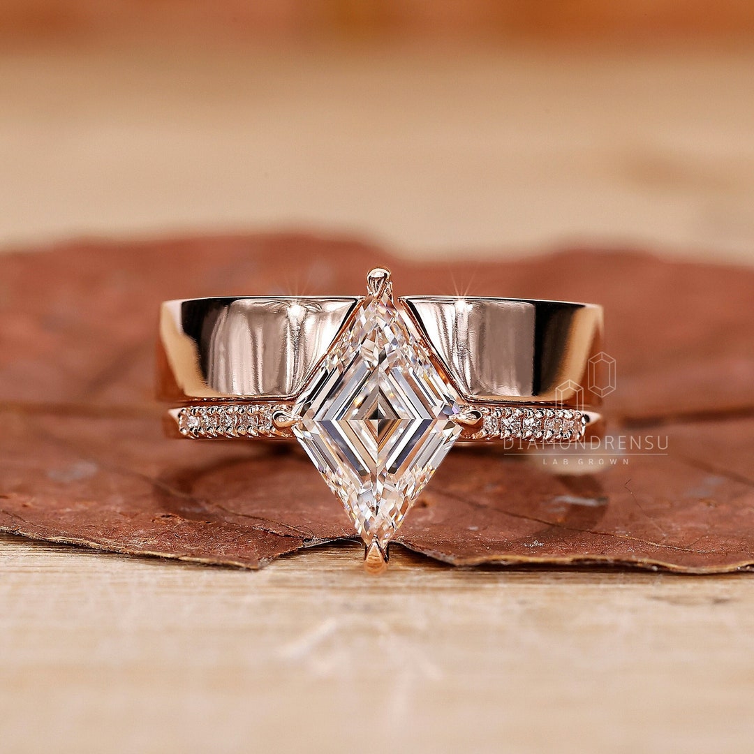 Lozenge Cut Engagement Ring With Wedding Band, Lab Grown Diamond Bridal ...