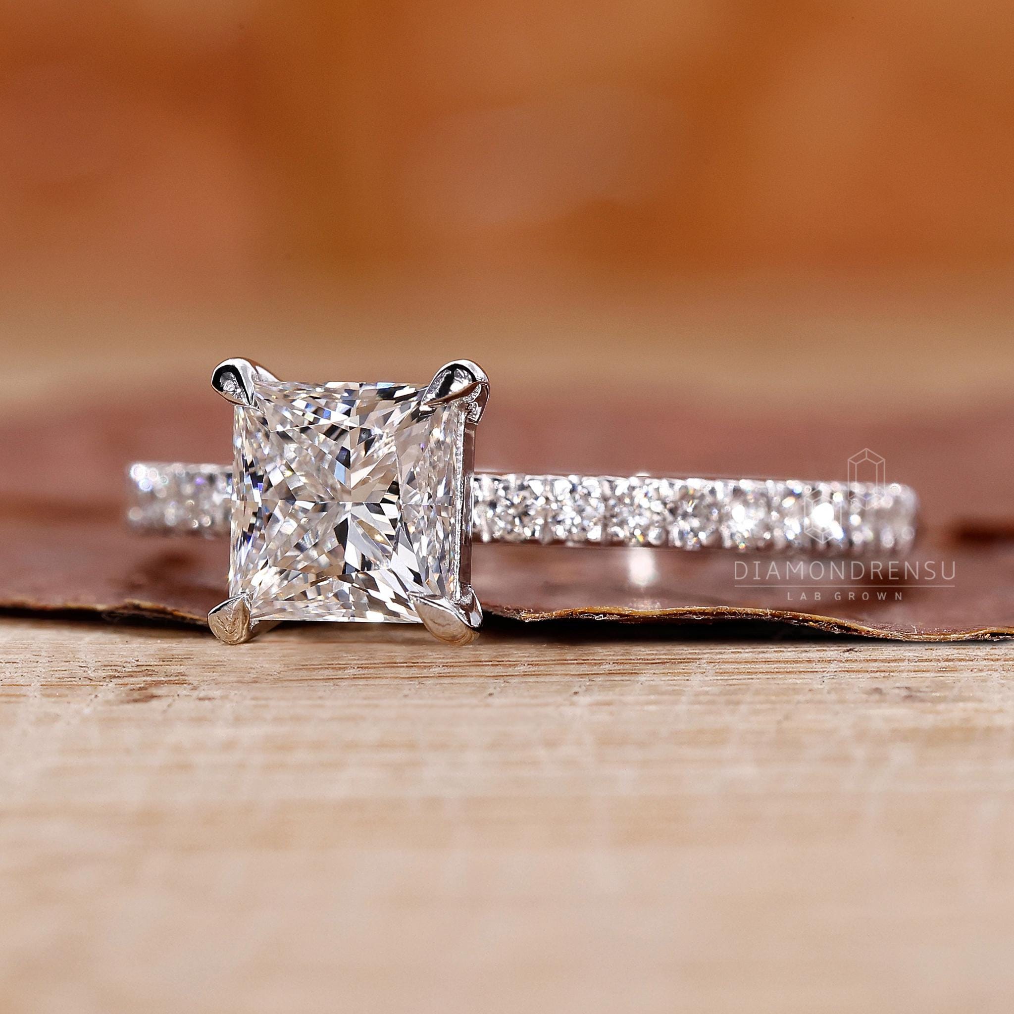 Princess Diamond Pave Engagement Ring for Women, Classic Lab Grown ...