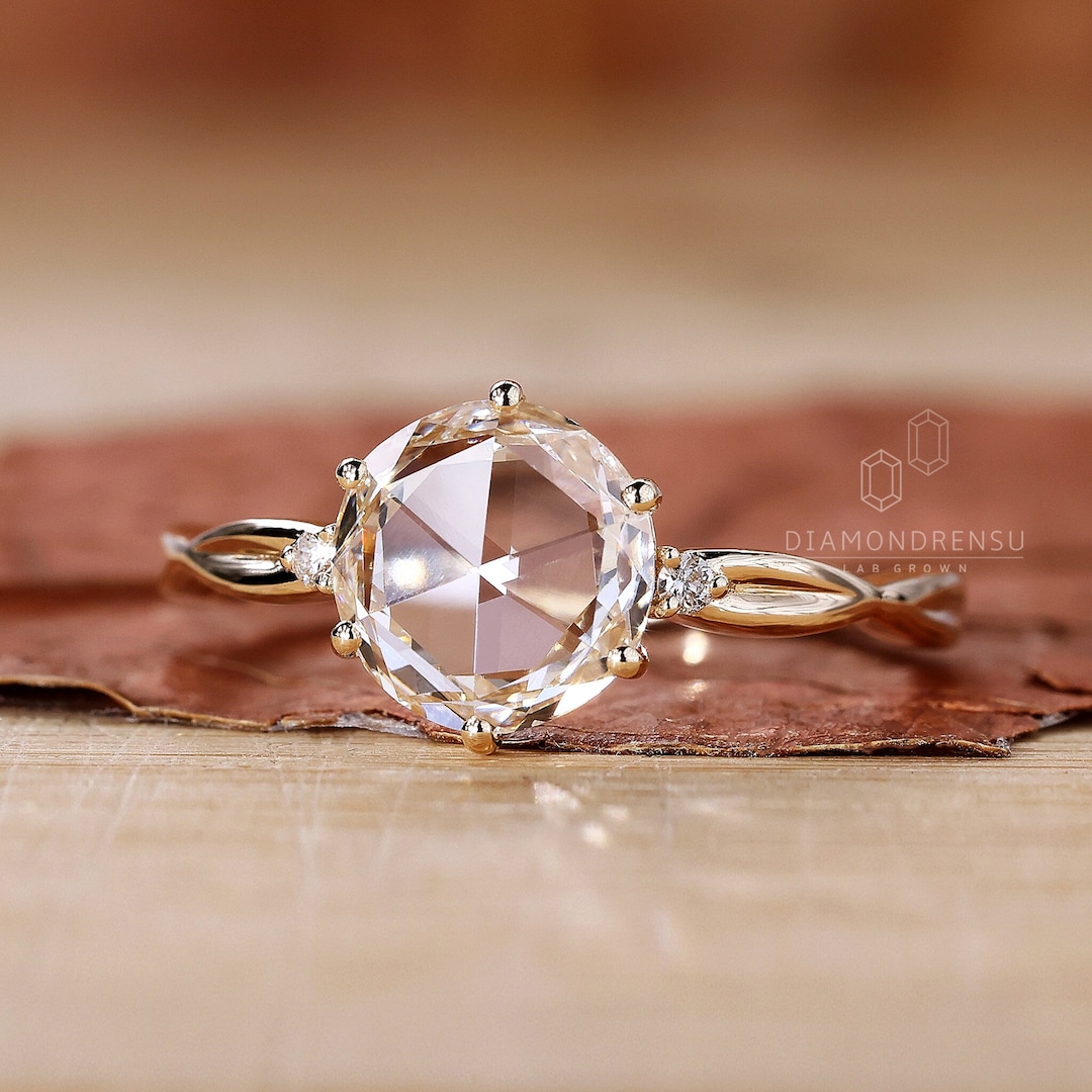 Round Rose Cut Lab Grown Diamond Ring, 1.32 CT Solitaire Engagement ...