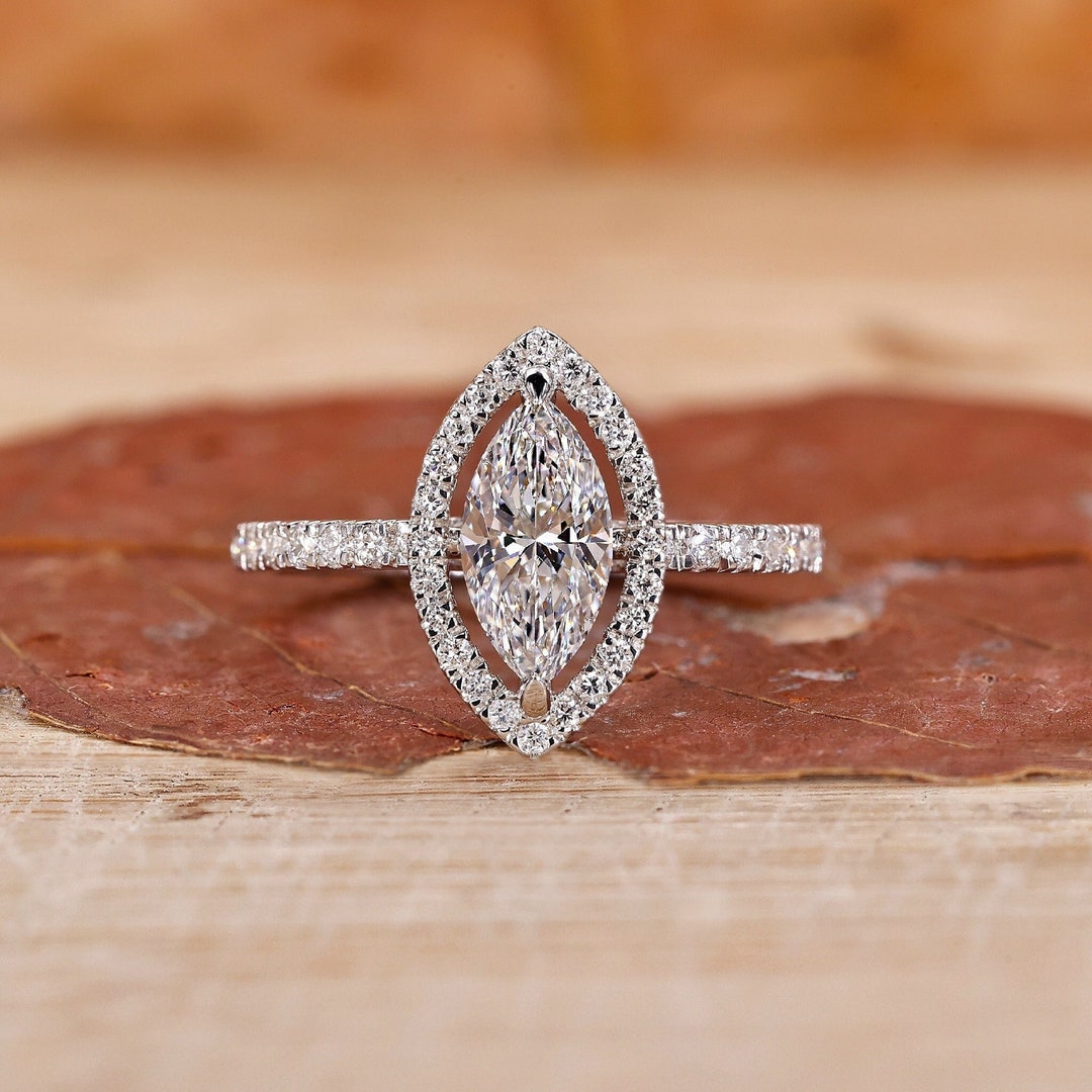Marquise Diamond Halo Engagement Ring, Lab Grown Diamond Ring, Compass ...