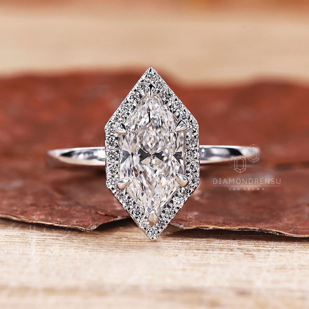 Dutch Marquise Cut Diamond Simple Engagement Ring, Halo Wedding Ring ...