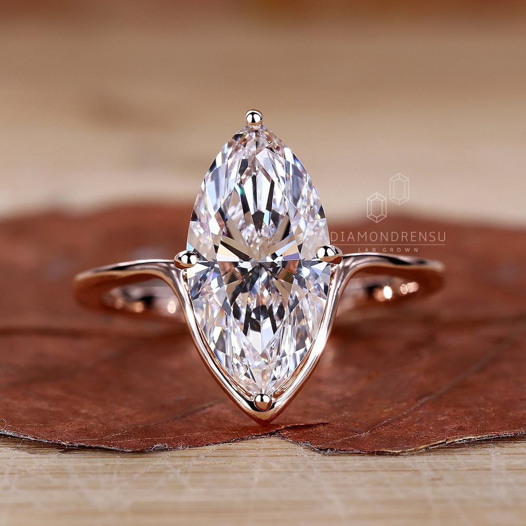 Unique Solitaire Engagement Ring, 1 to 3 Ct Marquise Cut Lab Grown ...
