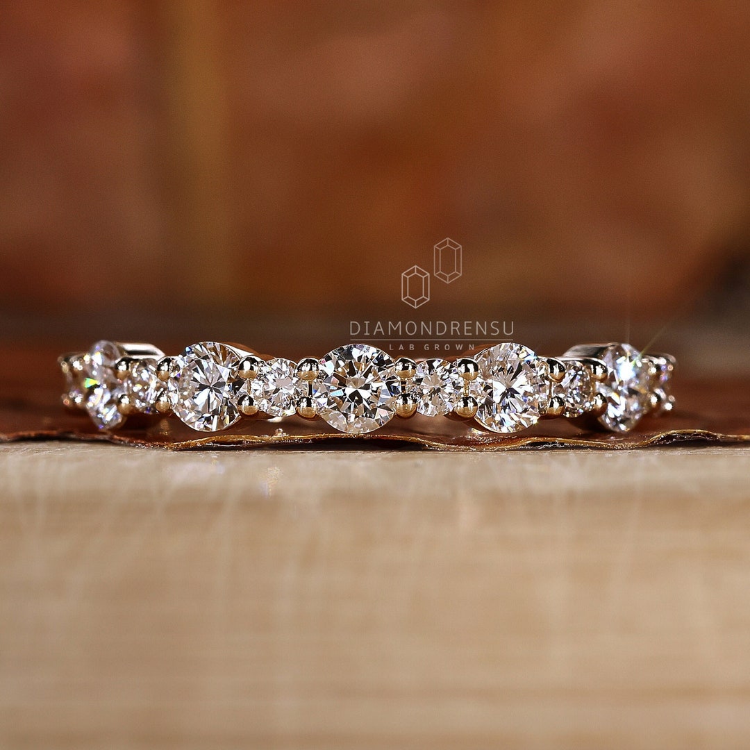 Floating Bubble Diamond Wedding Band, 0.62 TW Round Lab Grown Diamond Band, Half Eternity Band ...