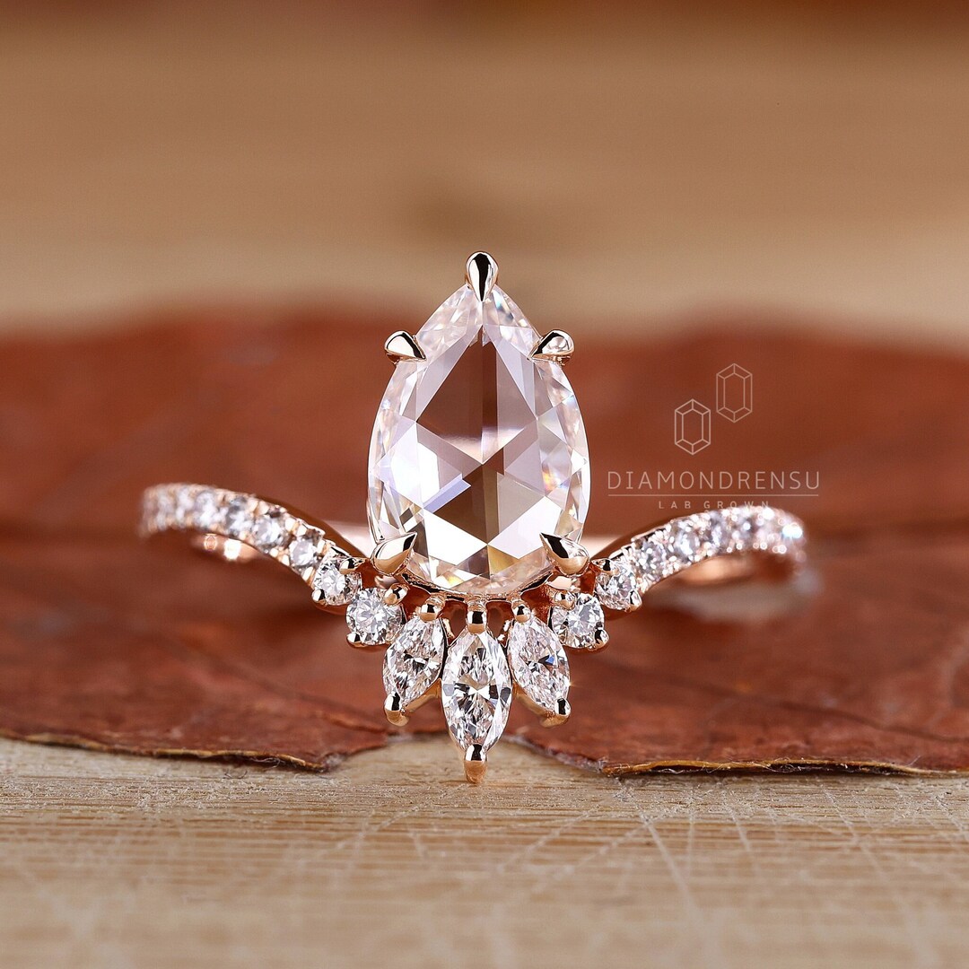 Rose Cut Diamond Engagement Ring, Pear Rose Cut Lab Grown Diamond, 1.18 ...