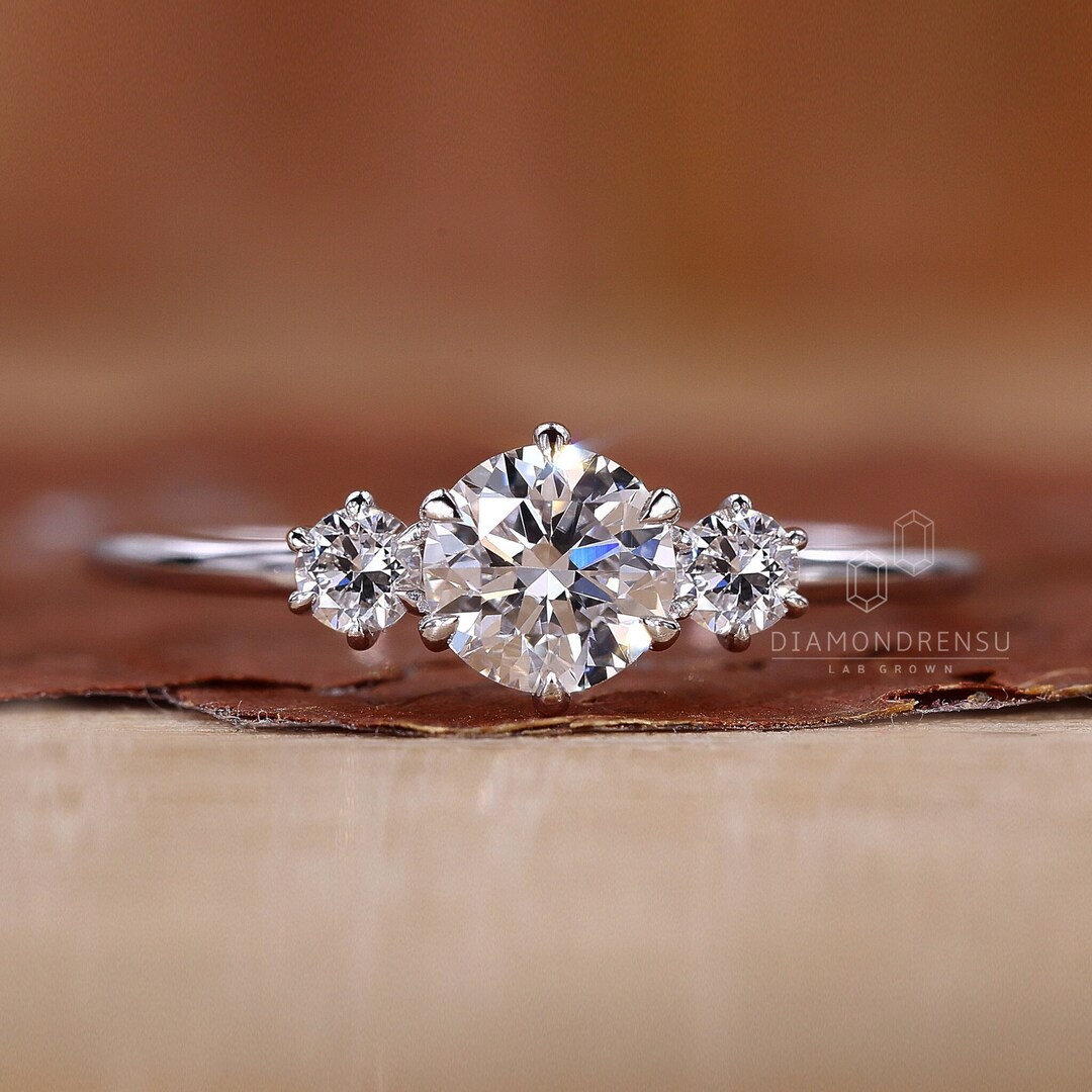 Three Stone Lab Grown Diamond Engagement Ring - IGI Certified, Handmade ...
