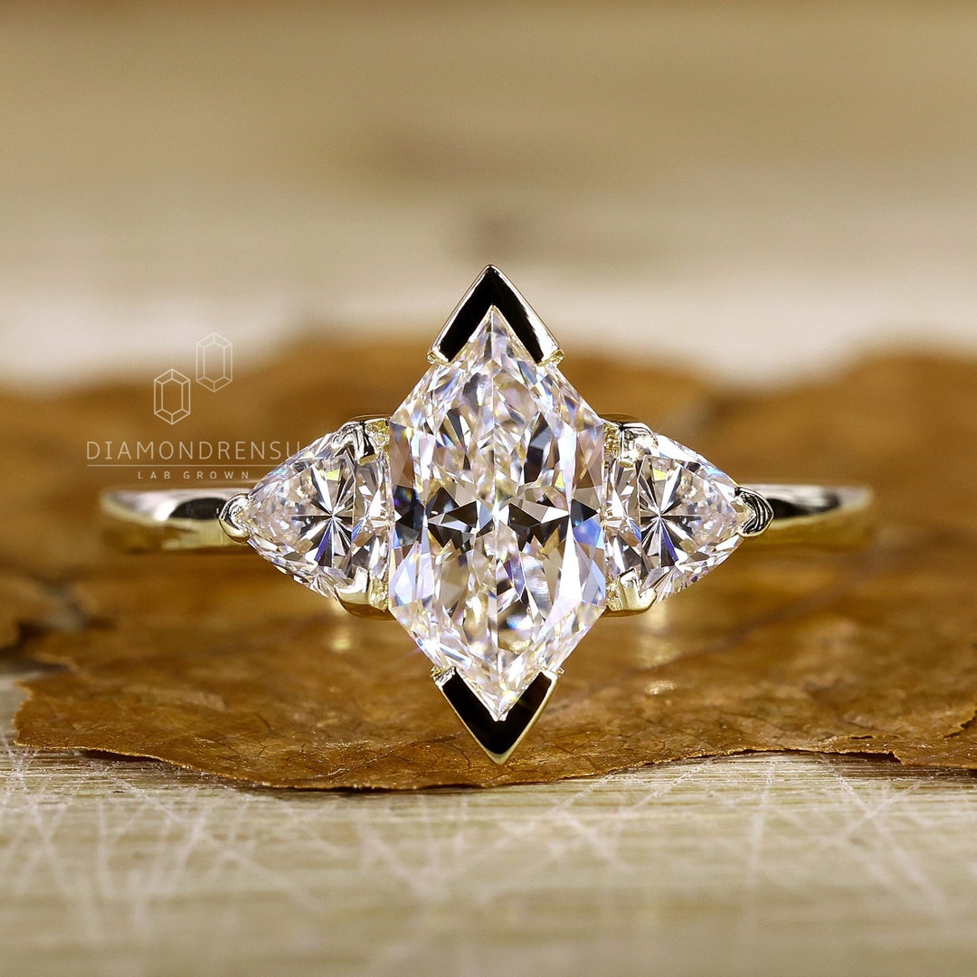 Dutch Marquise Cut Lab Grown Diamond Ring, Three Stone Engagement Ring ...