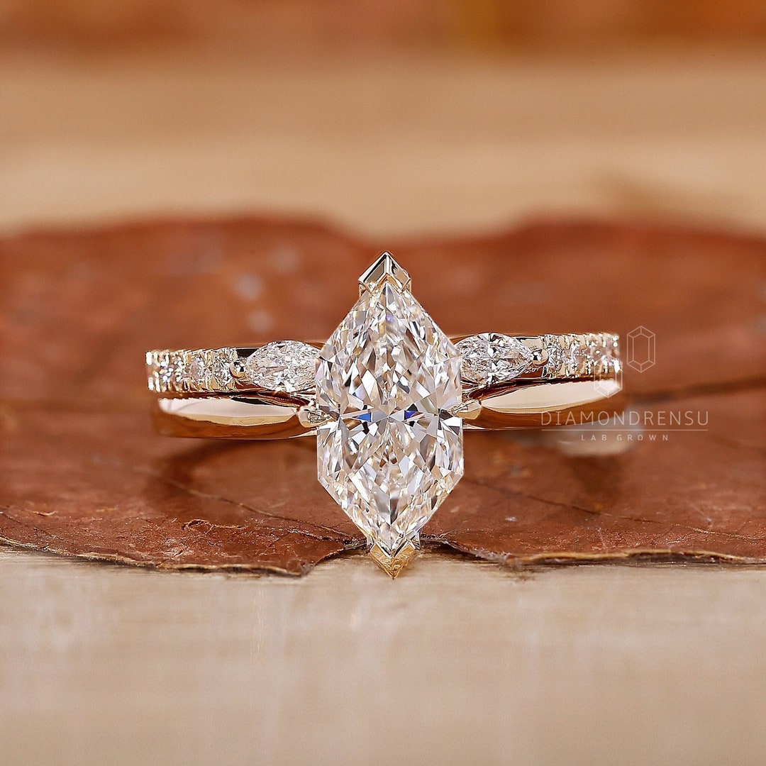 Dutch Marquise Cut Diamond Engagement Ring With Open Gap Wedding Band ...