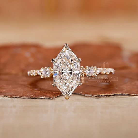 Dutch Marquise Engagement Ring With Certified Lab Grown Diamond Featuring Rose Cut Diamond Pave Setting Handmade Custom Ring diamondrensu Etsy