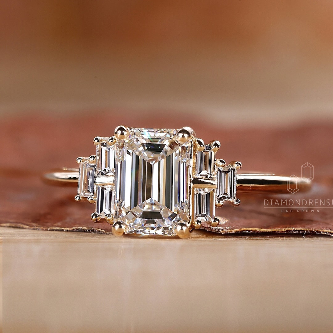 Emerald Cut Diamond Engagement Ring With Side Baguette Diamonds, IGI ...