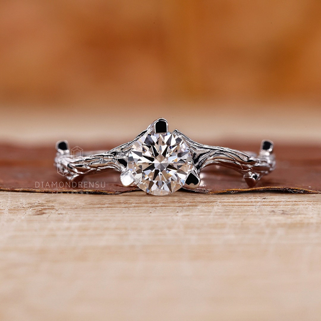Nature Inspired Diamond Engagement Ring, Round Lab Grown Diamond Ring ...