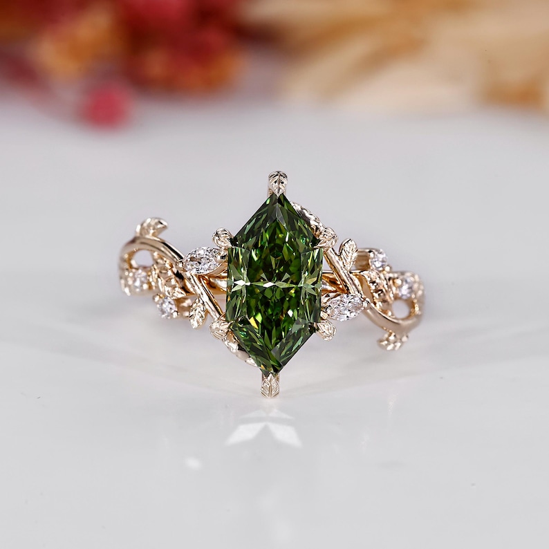 Nature Inspired Engagement Ring in Dutch Marquise Cut Green Lab Grown ...