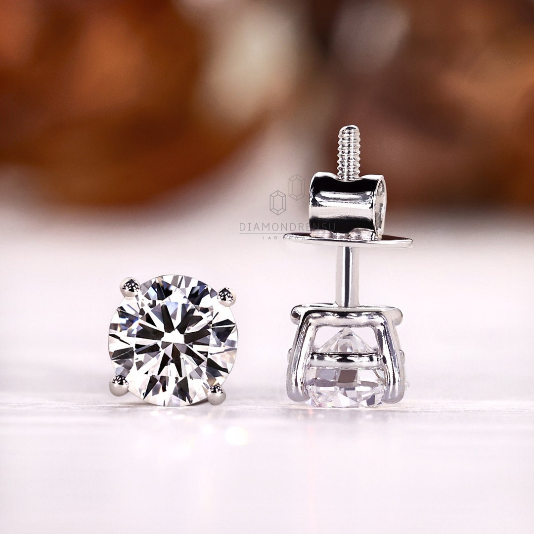 Round Diamond Stud Earrings for Women, Push Back - Screw Back Earrings ...