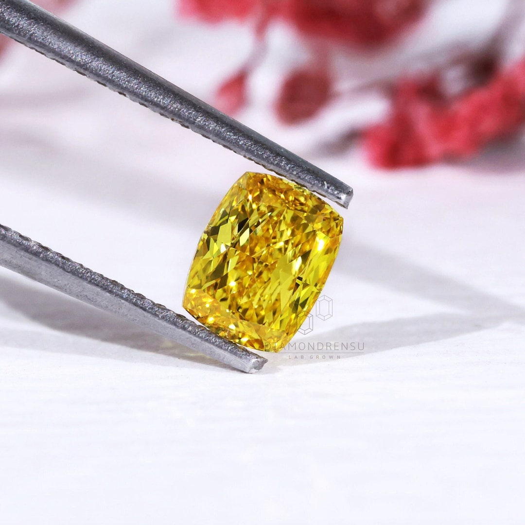 Elongated Cushion Cut Yellow Lab Grown Diamond, 0.70 CT Fancy Vivid ...