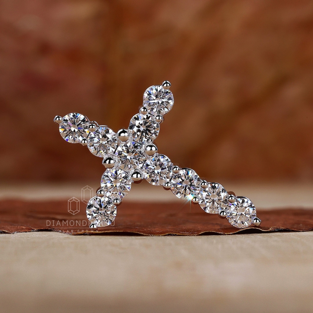 Lab Grown Diamond Cross Pendant, 3.75 MM Round Cut Lab Created Diamond Pendant, Religious ...