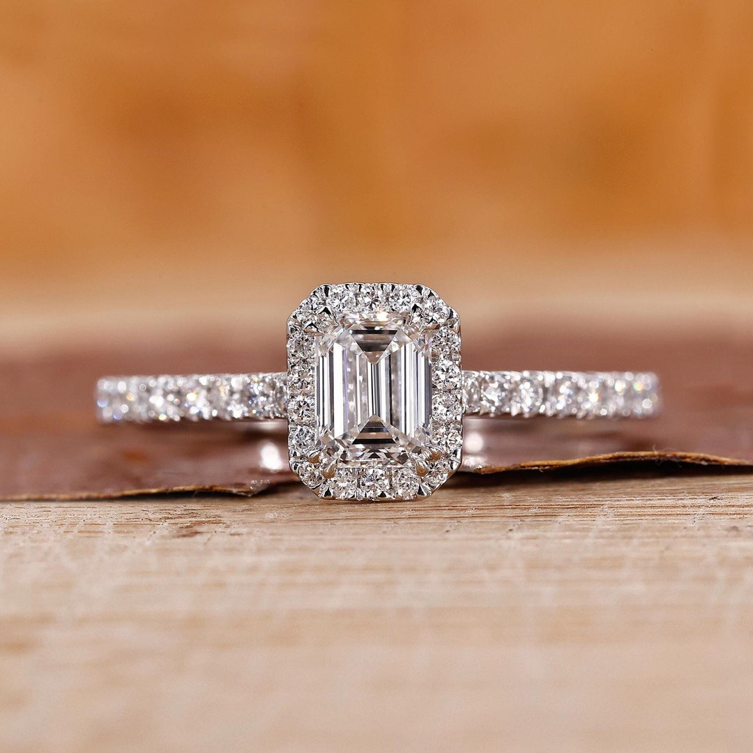 Emerald Cut Lab Grown Diamond Halo Ring, Diamond Wedding Ring for Her ...