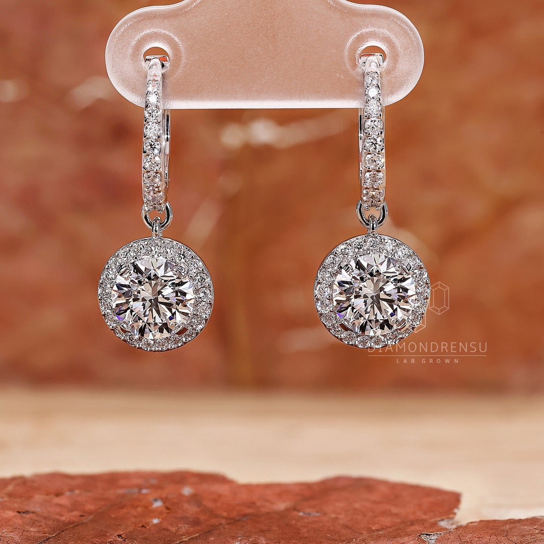 Round Diamond Dangle and Drop Earrings for Women, 1 to 2 Ct Lab Grown ...