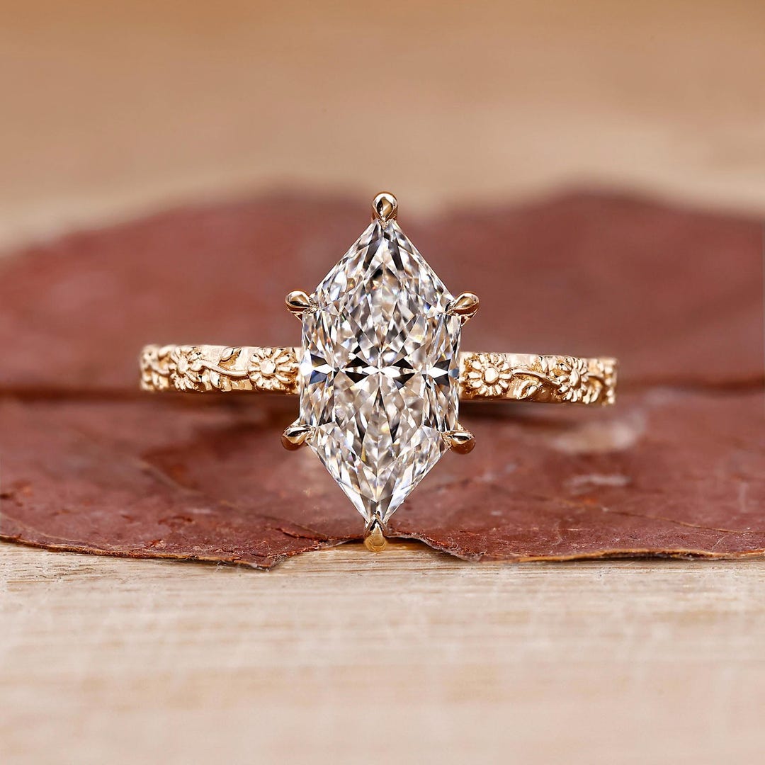 Dutch Marquise Cut Diamond Solitaire Engagement Ring With Sunflower and ...