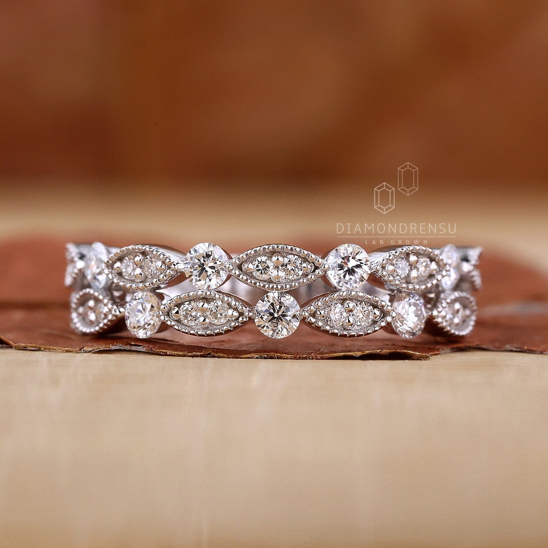 Double Row Half Eternity Band, Round Cut Lab Grown Diamond Band ...