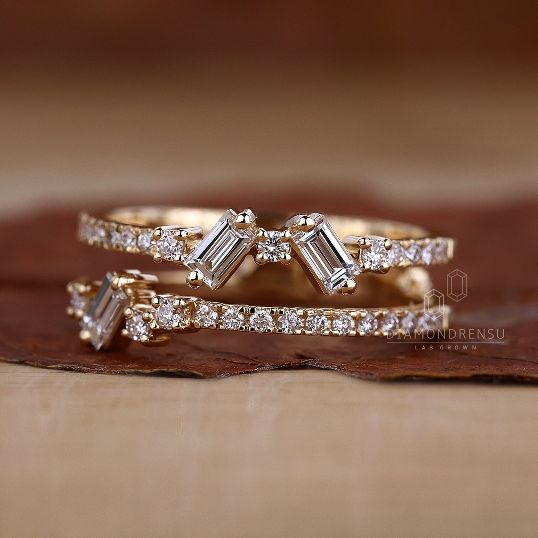 Baguette Cut Diamond Band With Two Layer Pave Diamonds, Handmade Ring ...