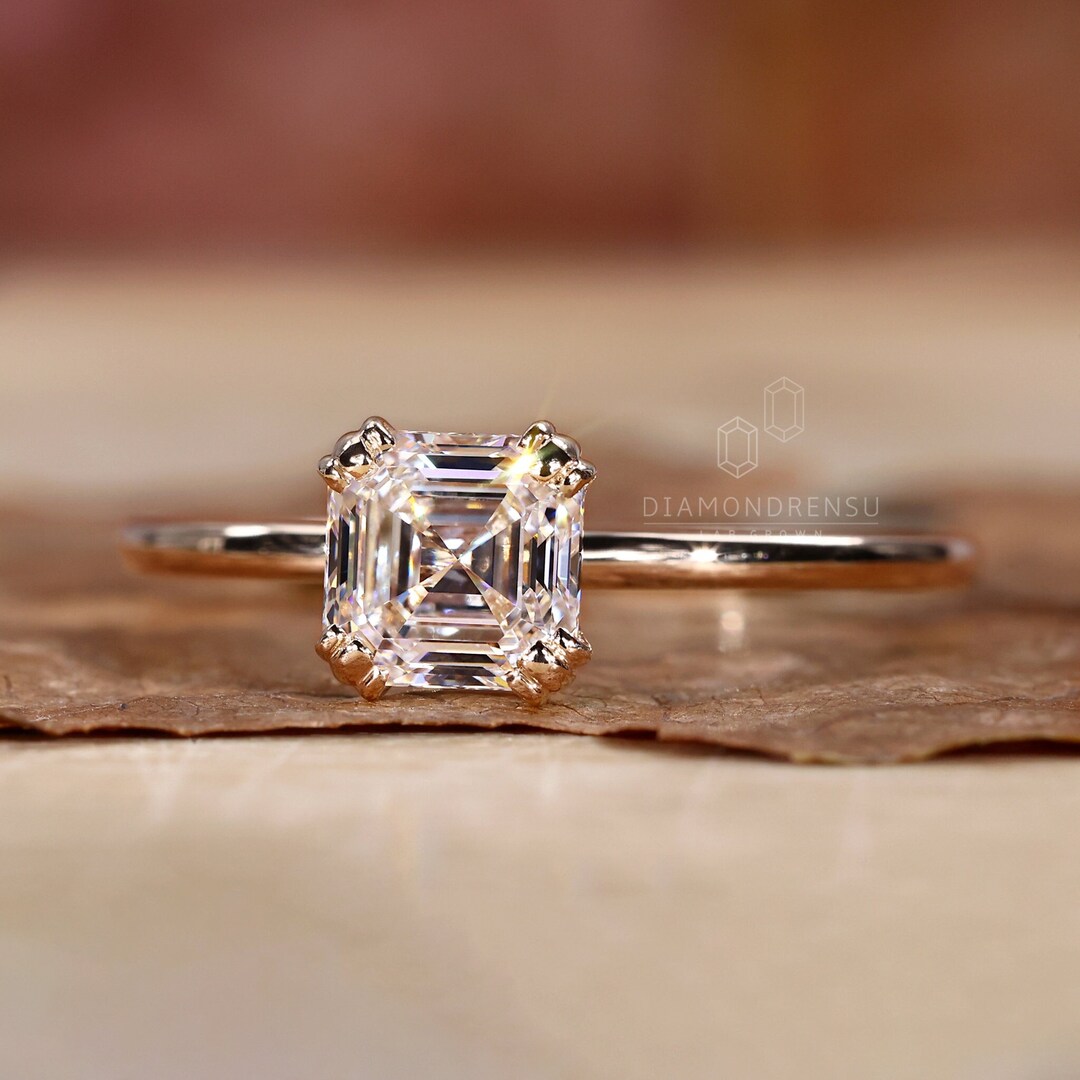 Asscher Cut Diamond Ring, Solitaire Engagement Ring, 1.0 - 2.0 CT Asscher Lab Grown Diamond Ring ...
