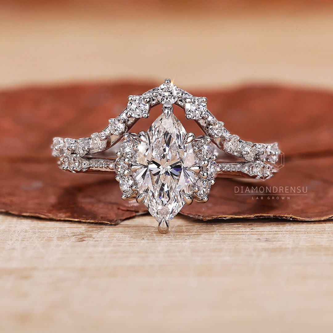 Marquise Cut Diamond Engagement Ring With Curved Wedding Band, 1 to 2 ...