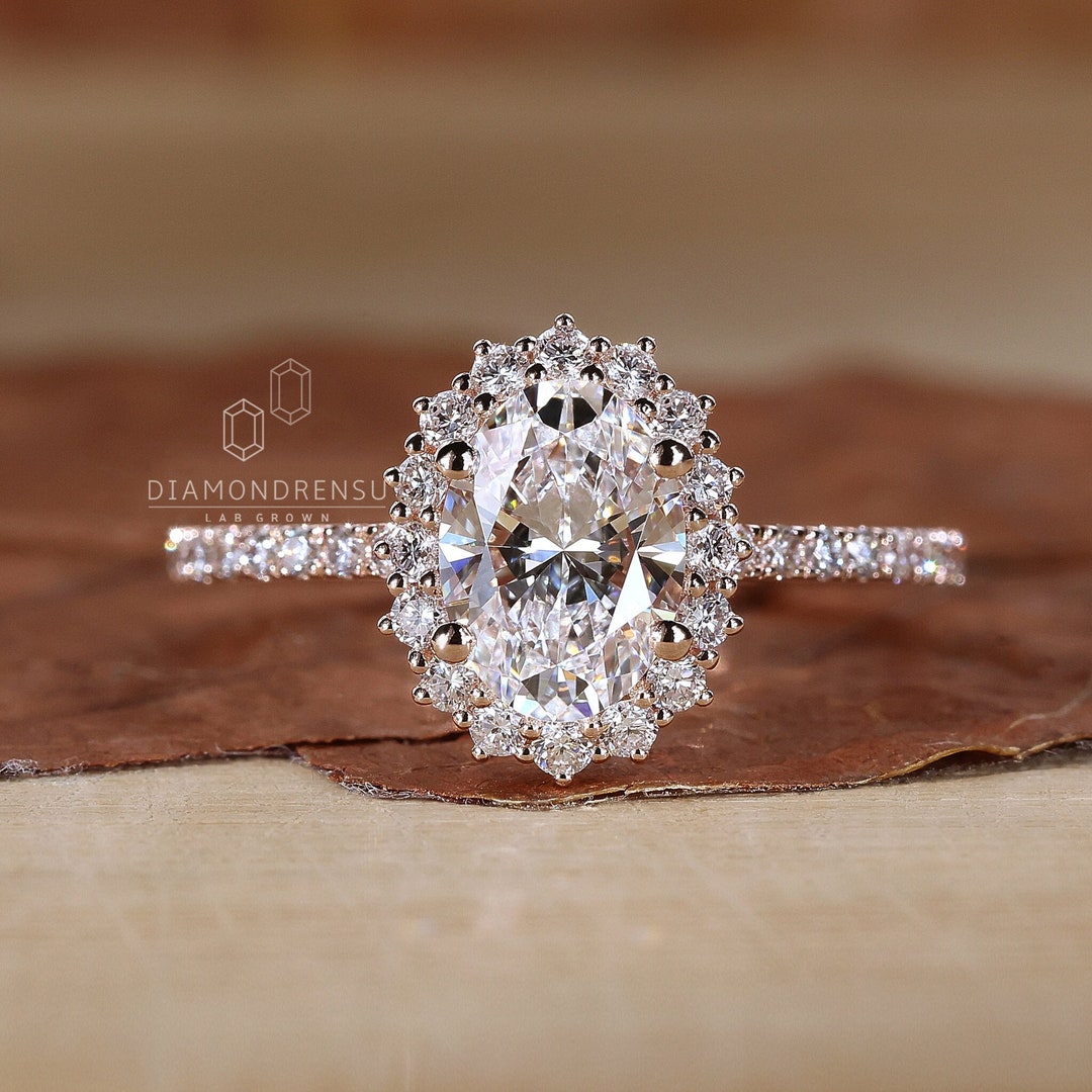 Oval Diamond Cluster Engagement Ring With Pave Setting, Lab Grown ...