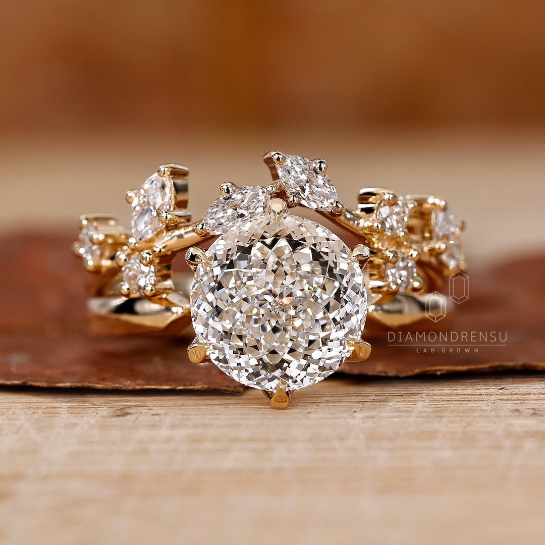 Portuguese Cut Diamond Engagement Ring With Wedding Band, 1 to 3 Carat ...