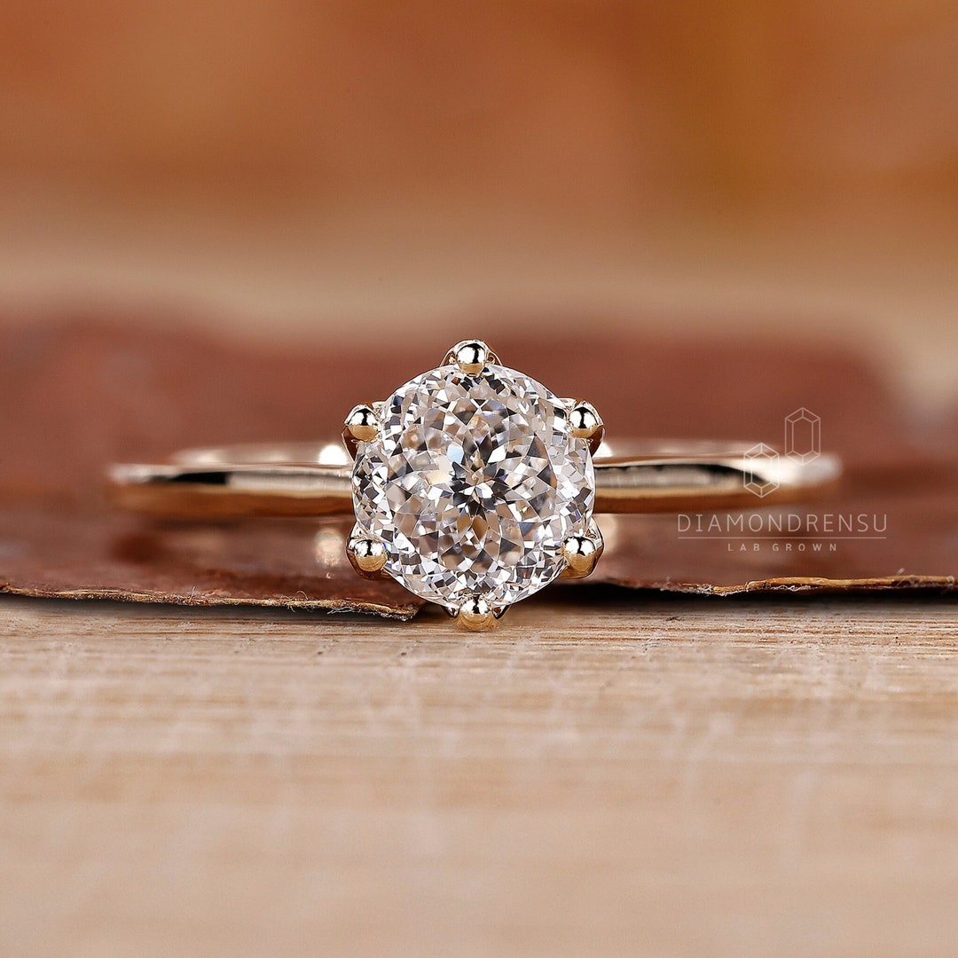 Portuguese Cut Diamond Solitaire Engagement Ring, Six Prong Floral ...