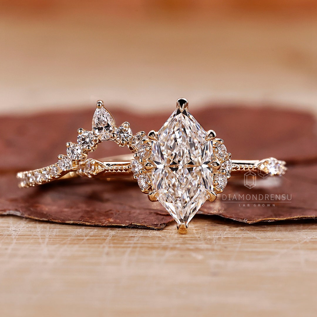 Dutch Marquise Diamond Bridal Set, Lab Grown Diamond Engagement Ring With Tiara Wedding Band ...