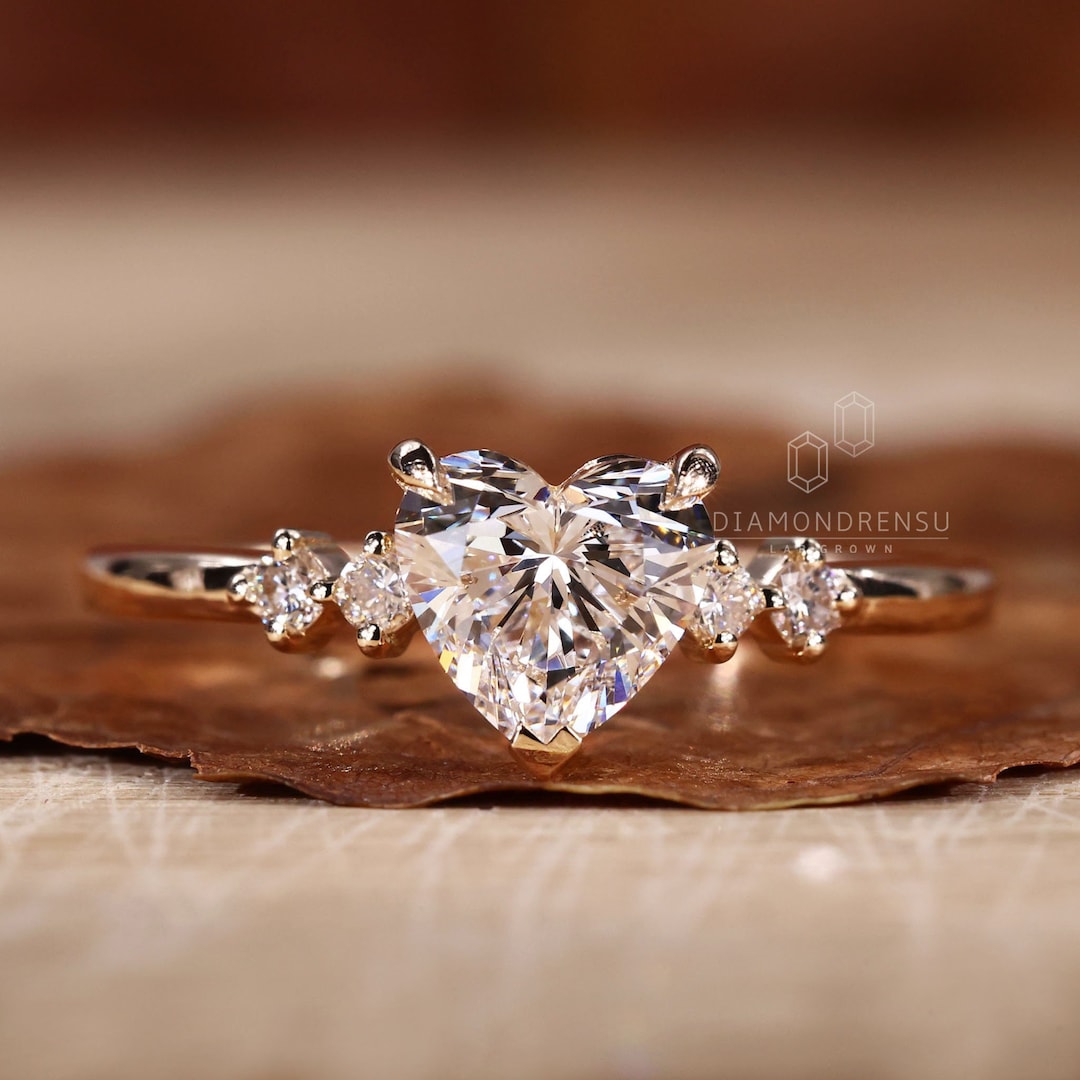 1.0 to 2.0 CT Heart Shape Lab Grown Diamond Ring, Five Stone Engagement ...