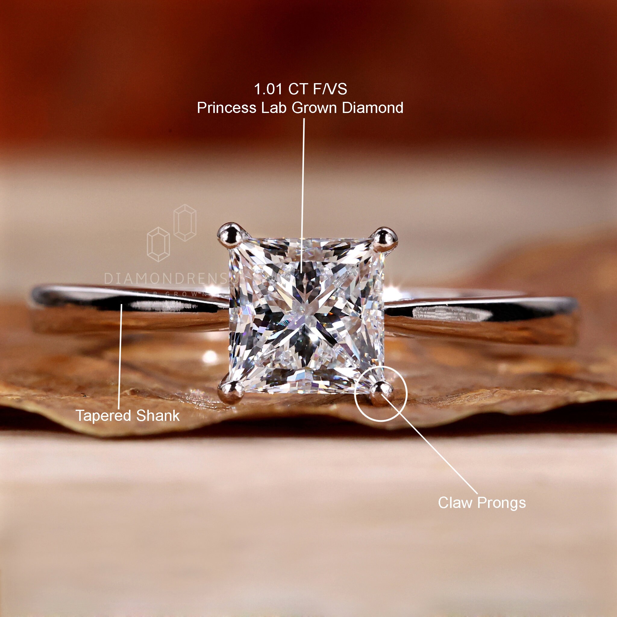 1.01 CT Princess Cut Lab Grown Diamond Ring, Solitaire Engagement Ring ...