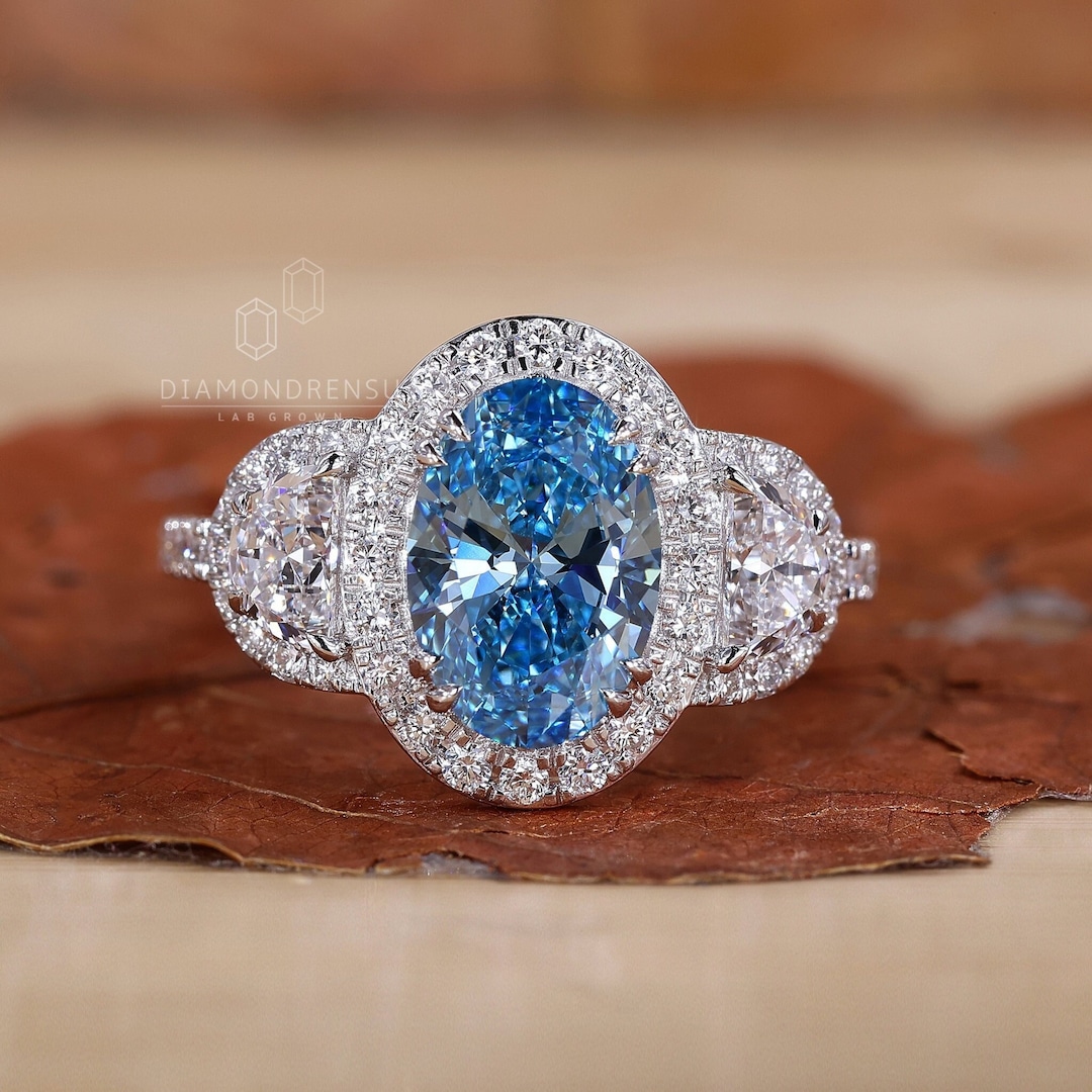 Oval Shaped Blue Diamond Engagement Ring, Lab Grown Diamond Wedding ...