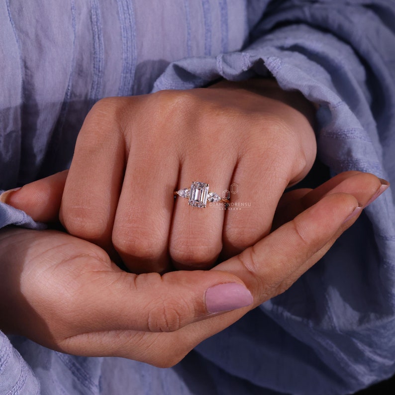 Three Stone Diamond Engagement Ring, Certified Emerald Cut Lab Grown ...