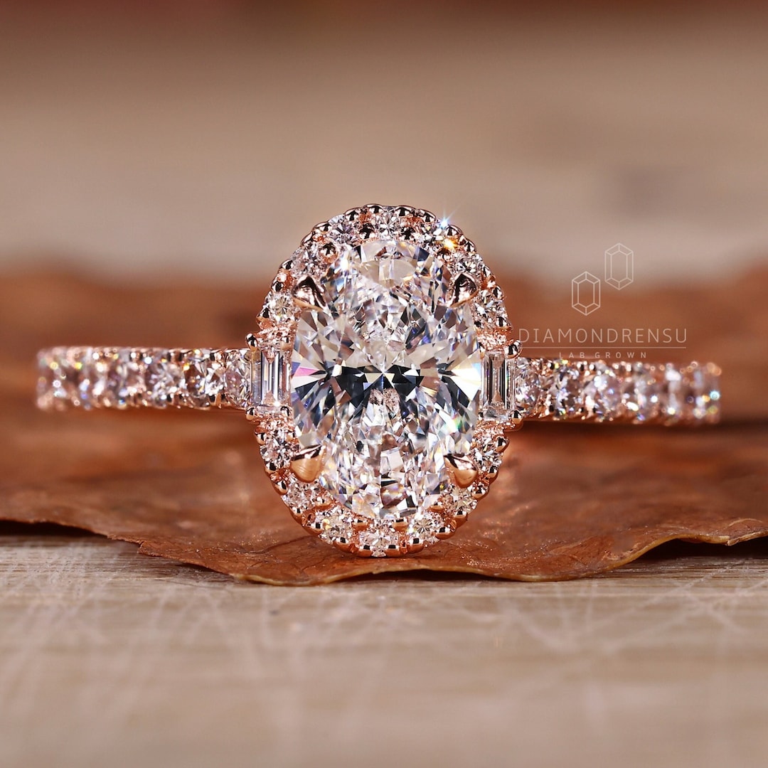Unique Oval Diamond Halo Engagement Ring, 1.49 TW Oval Lab Grown ...