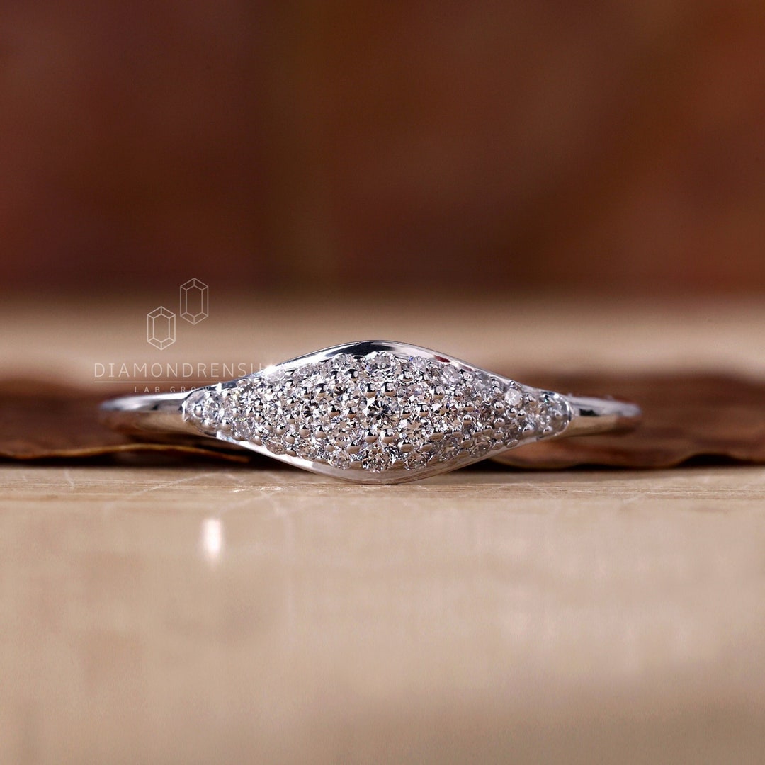 0.25 TW Round Cut Lab Grown Diamond Ring, Dainty Pave Signet Ring, EF ...