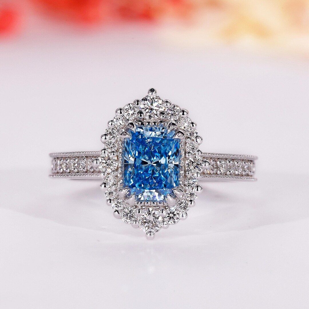 Radiant Cut Blue Diamond Vintage Halo Engagement Ring, Fancy Color IGI ...