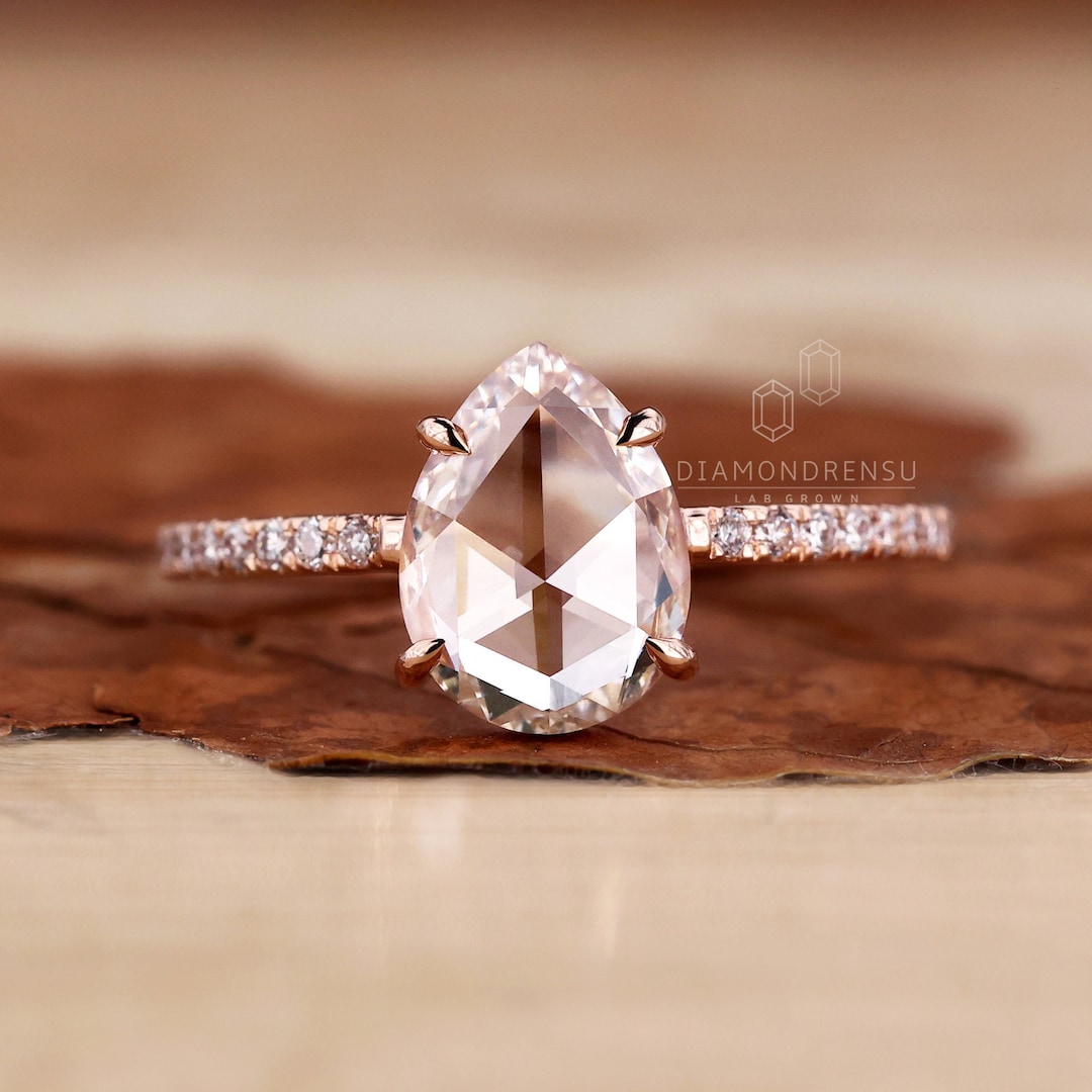 Pear Rose Cut Lab Grown Diamond Engagement Ring for Women, Promise Ring ...