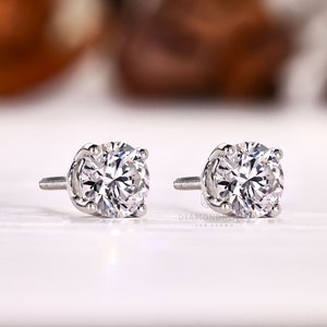 Round Diamond Stud Earrings for Women, Push Back - Screw Back Earrings ...