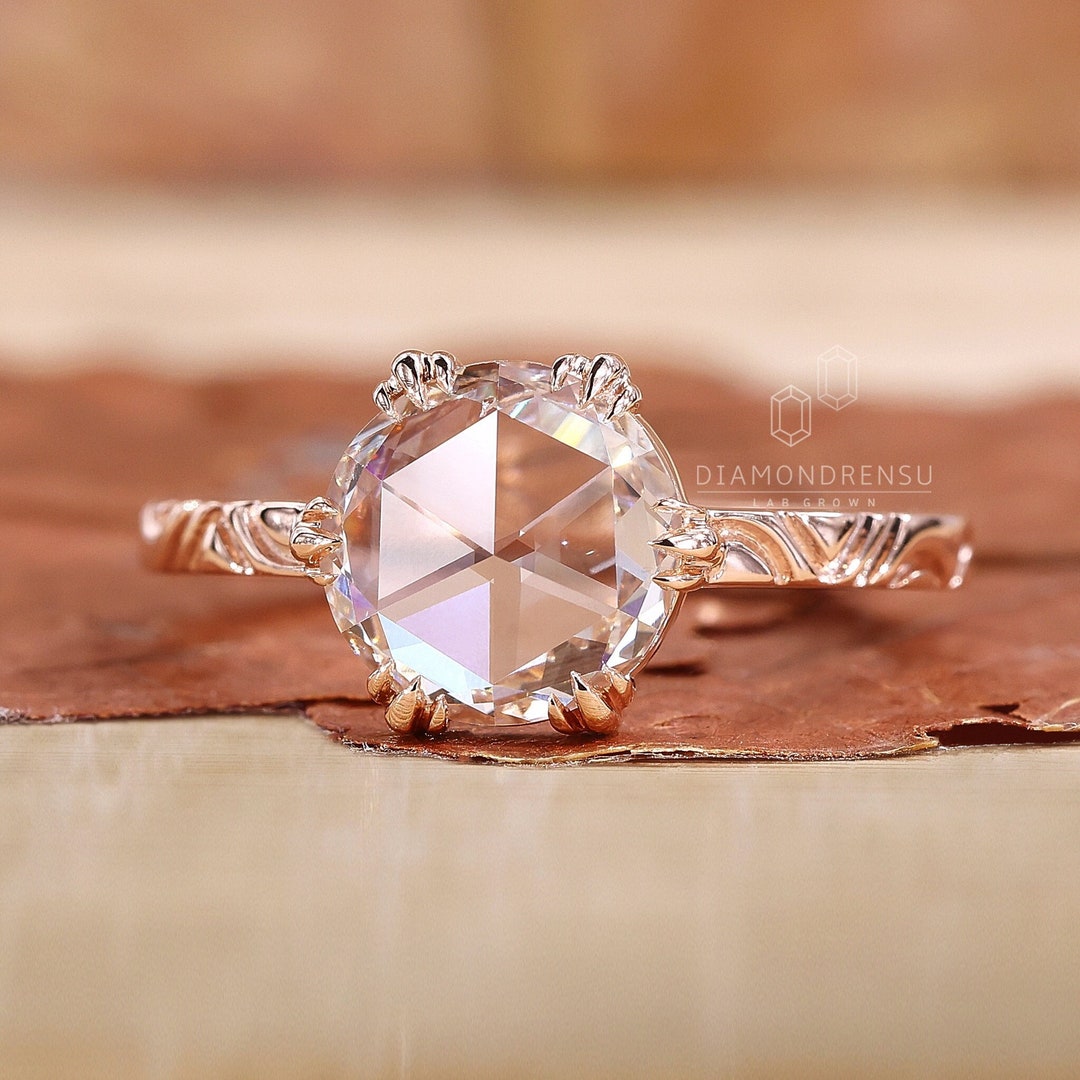 Rose Cut Diamond Ring, 1.63 Carat Round Rose Cut Lab Grown Diamond ...