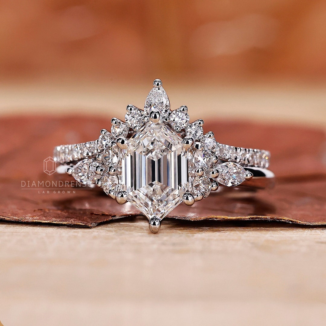 Hexagon Cut Diamond Engagement Ring With Tiara Wedding Band, 1 to 3 Ct ...