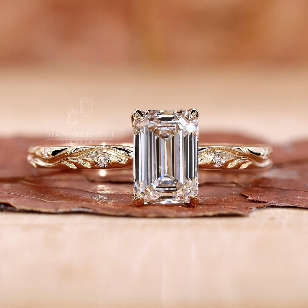 Handmade Art Deco Emerald Cut Diamond Ring, 1 to 3 Ct Lab Grown Diamond ...