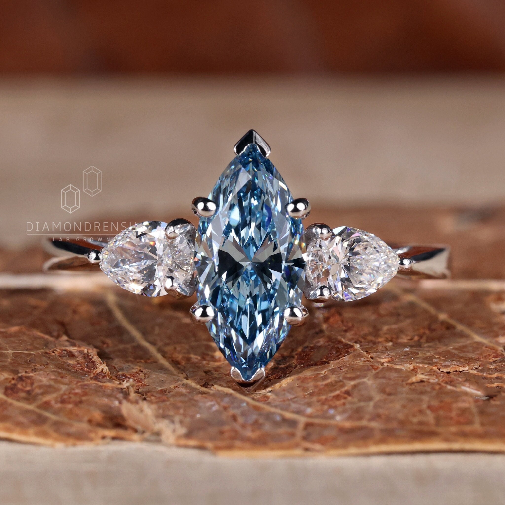 Marquise Cut Blue Diamond Ring IGI Certified Lab Grown Diamond Ring Three Stone Engagement Ring Wedding Ring Anniversary Gift for Her Etsy UK