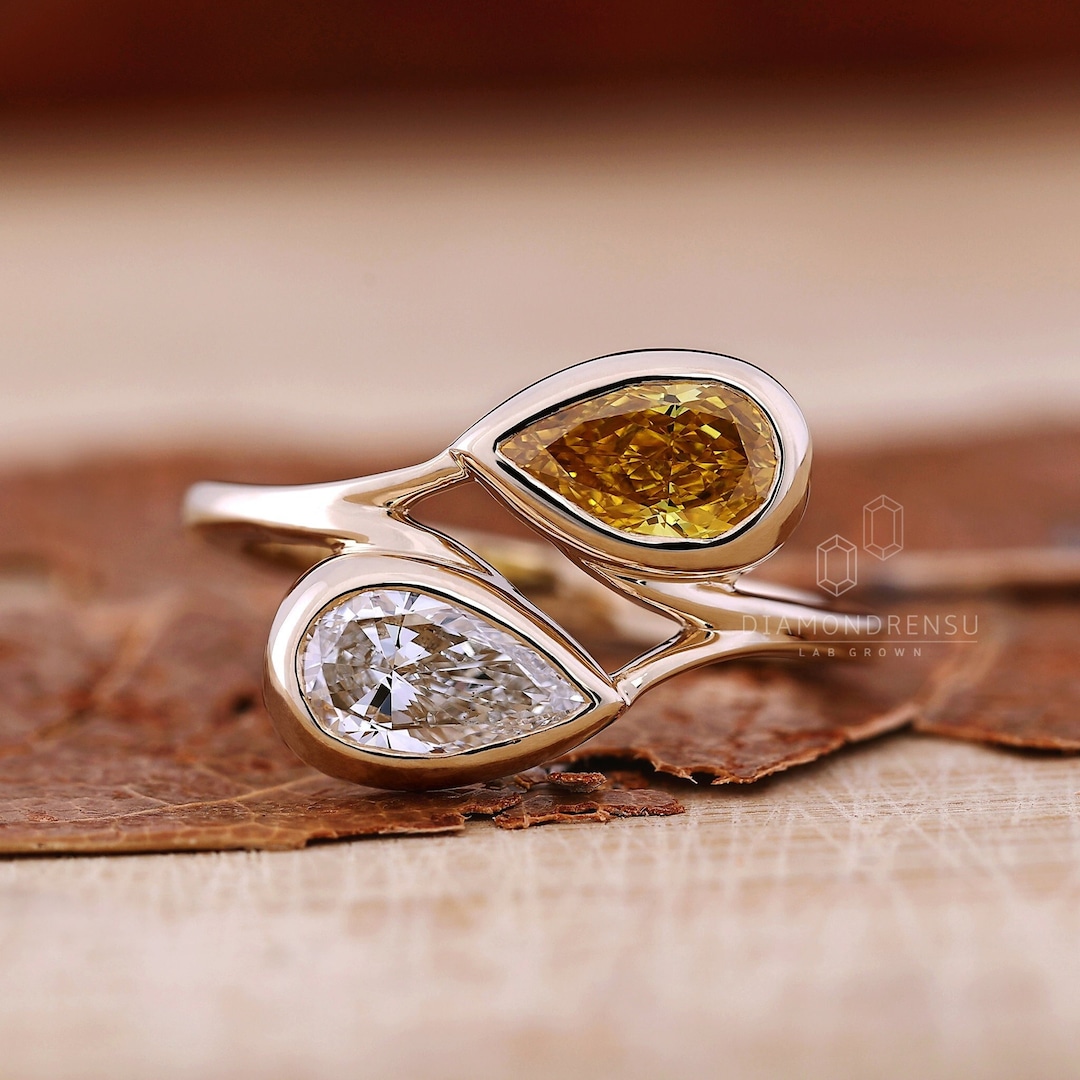 Pear Cut Two Diamond Engagement Ring, Bezel Set Yellow and White Lab ...