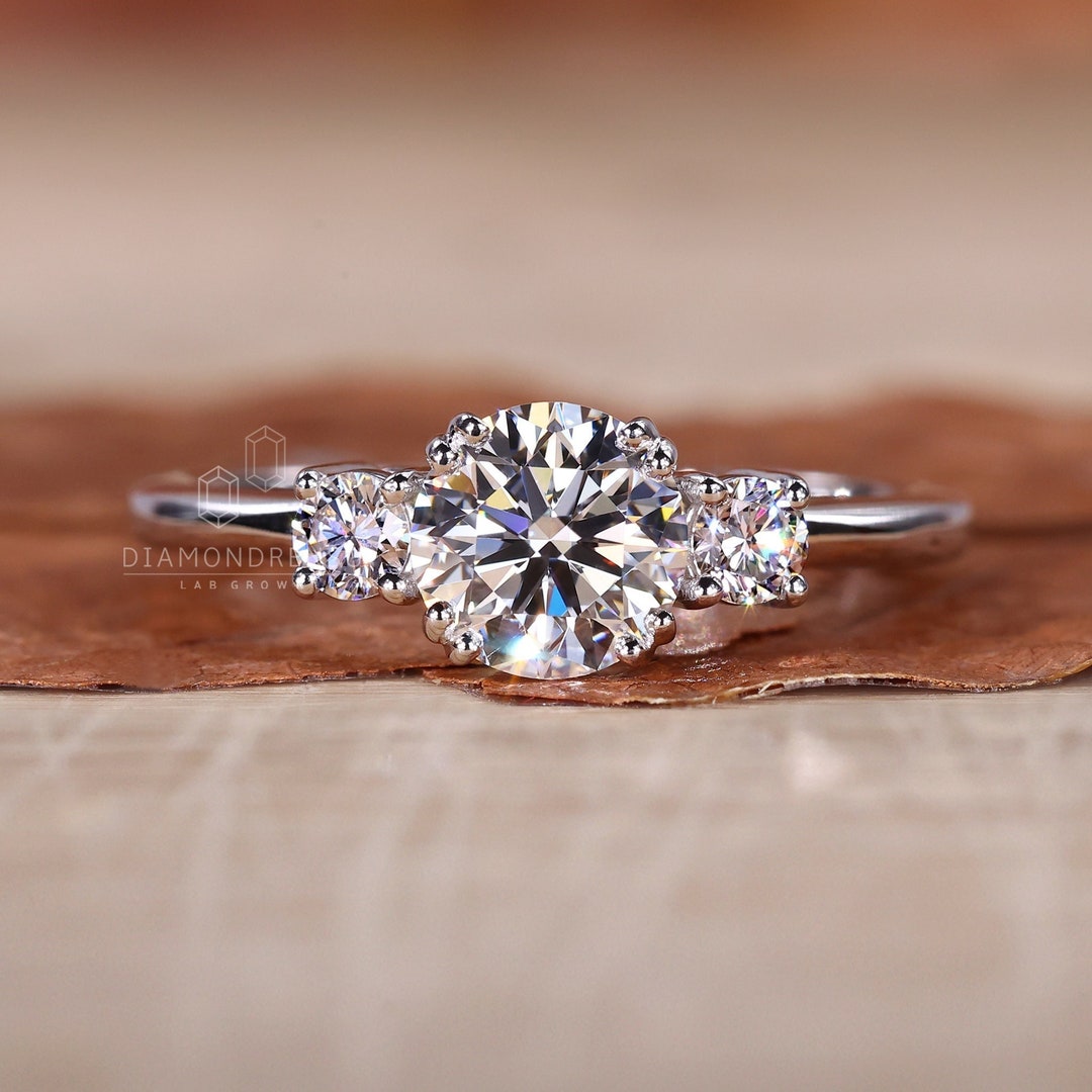 Round Three Stone Engagement Ring, E/VS1 Lab Created Diamond Ring ...