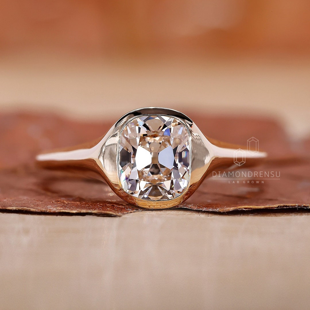 Old Mine Cushion Cut Diamond Solitaire Engagement Ring With Bezel ...