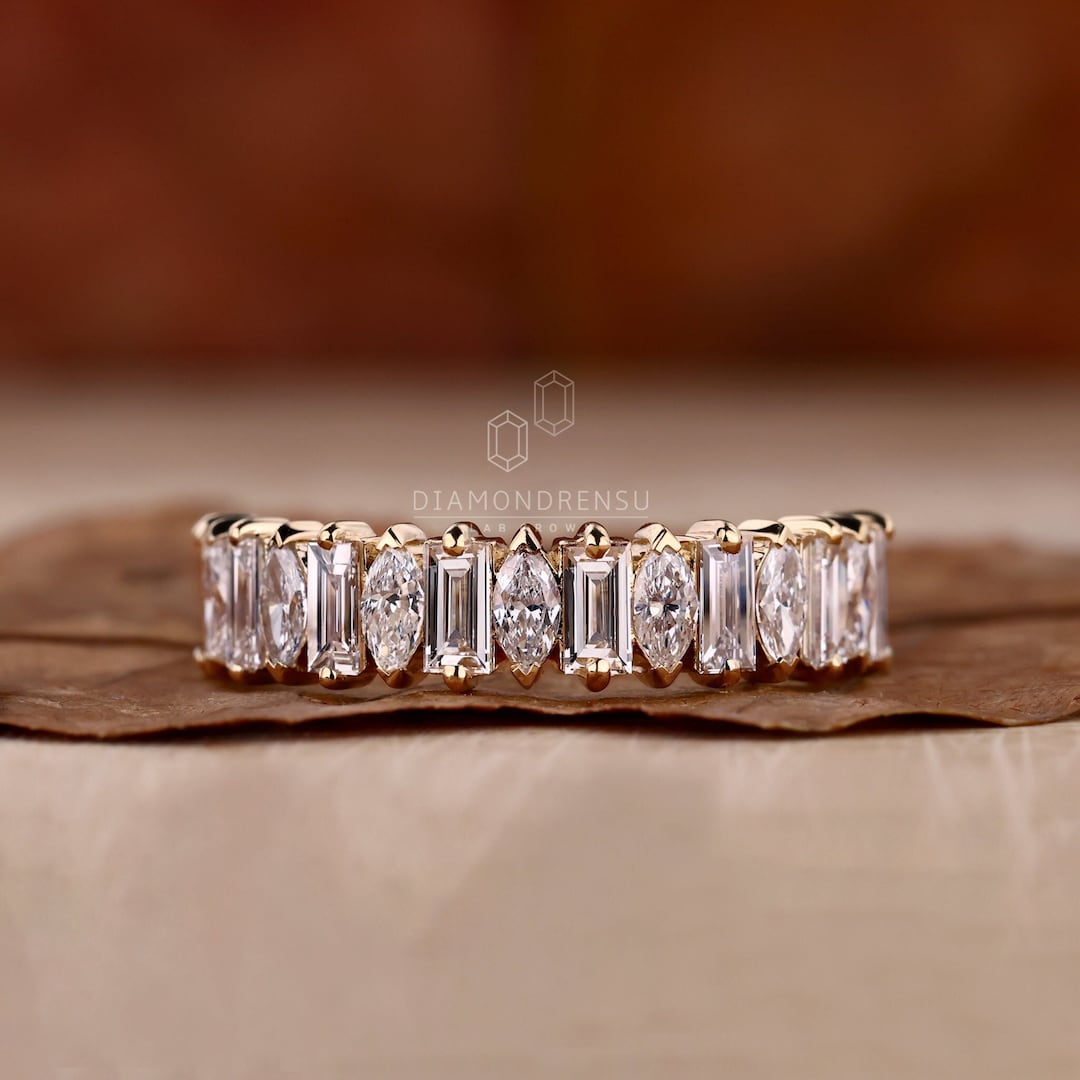 Baguette and Marquise Cut Diamond Wedding Band, 1.14 TW Lab Grown ...